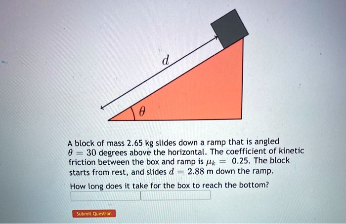 block of mass 265 kg slides down ramp that is angled 30 degrees above ...
