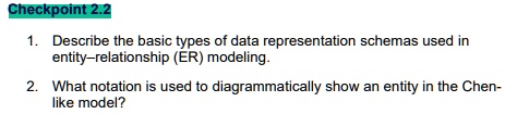 [GET ANSWER] Checkpoint 2.2 1. Describe the basic types of data representation schemas used in ...