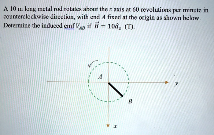 A 10 m long metal rod rotates about the z axis at 60 revolutions per ...