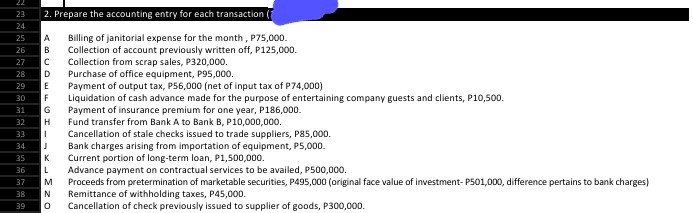 2. Prepare the accounting entry for each transaction: A. Billing of janitorial expense for the ...
