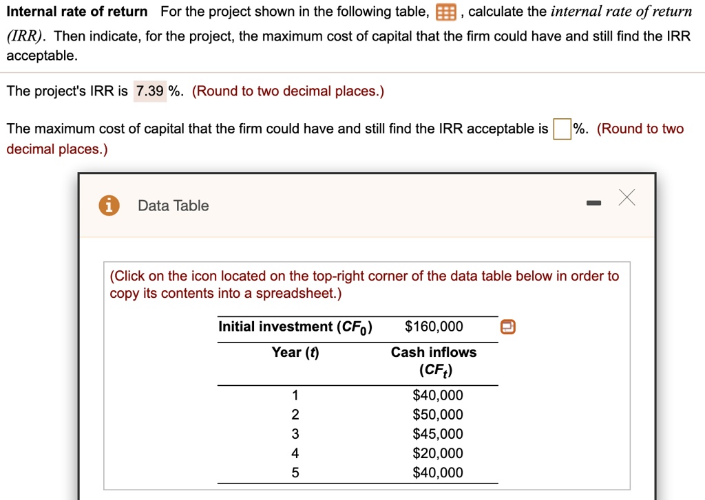 SOLVED: Internal rate of return for the project shown in the following ...