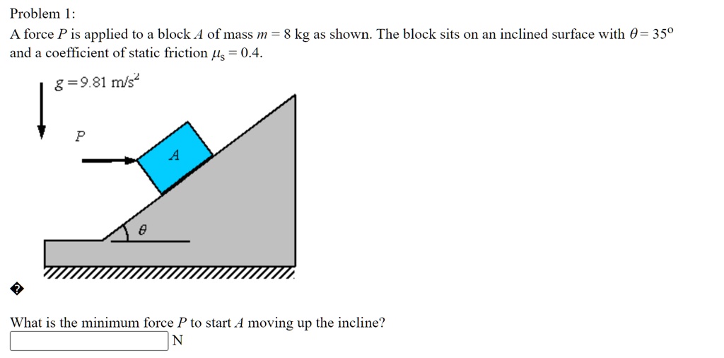 SOLVED: Problem 1: A force P is applied to a block A of mass m=8kg as shown. The block sits on ...