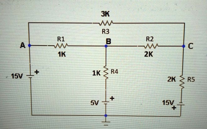 SOLVED: Use Nodal Analysis to calculate the node voltages A, B, and C. Calculate the current ...