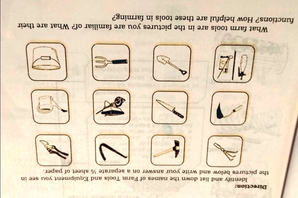 SOLVED: Direction:Identify and list down the names of Farm Tools and ...