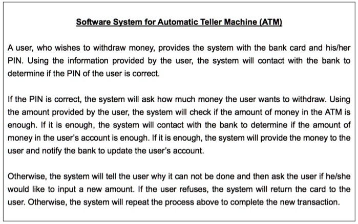 Software System for Automatic Teller Machine (ATM) A user, who wishes ...