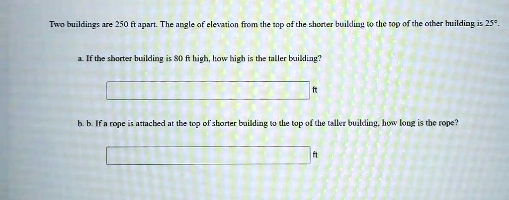 Two buildings are 250 ft apart. The angle of elevation from the top of ...