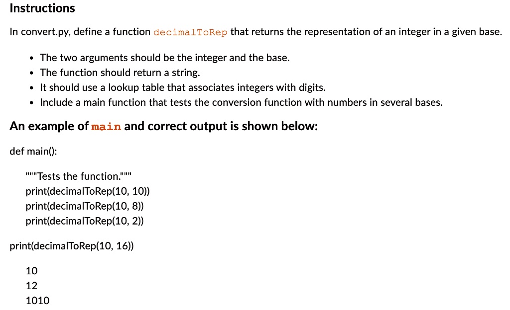 Python Programming Help Instructions In Convertpy Define A Function Decimaltorep That Returns 7488