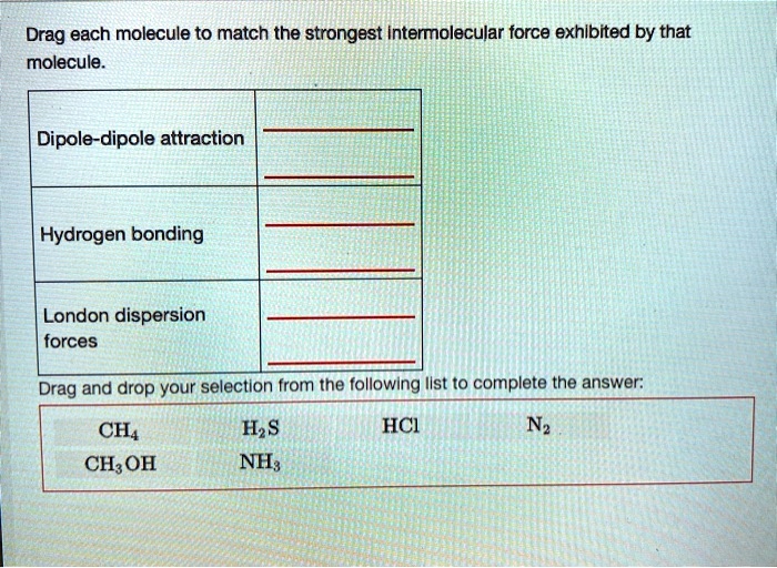 drag each molecule to match the strongest intermolecular force ...