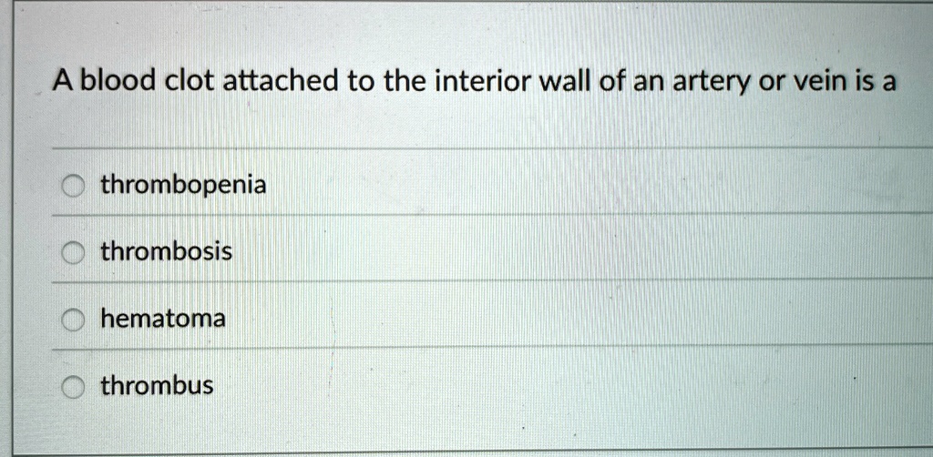 a blood clot attached to the interior wall of an artery or vein is a ...