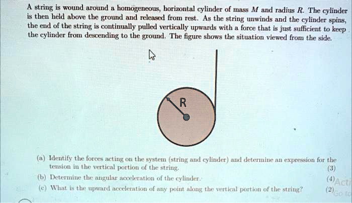 SOLVED: A string is wound around a homogeneous, horizontal cylinder of mass M and radius R. The ...