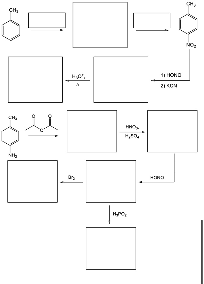 Please solve the following: CH3 CH3 NO2 HO 1) HONO A 2) KCN CH3 HNO3 H2SO4 NH2 Br2 HONO H3PO