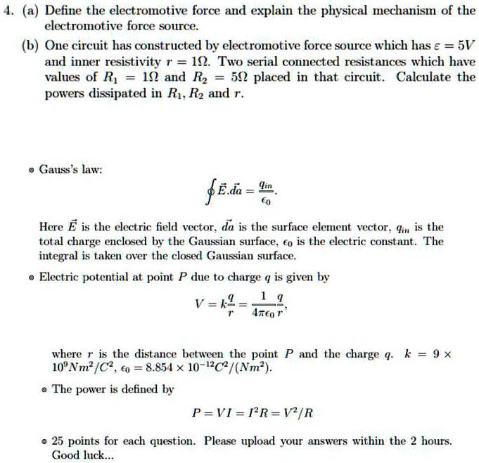 a define the electromotive force and explain the physical mechanism of ...