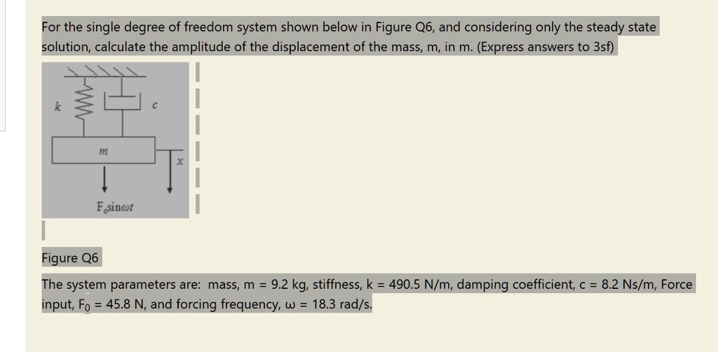 SOLVED: For the single degree of freedom system shown below in Figure Q6, and considering only ...