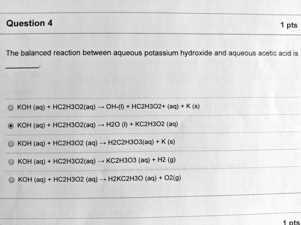 SOLVED: The balanced reaction between aqueous potassium hydroxide and ...