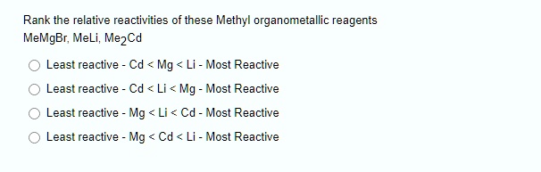 SOLVED: Rank the relative reactivities of these methyl organometallic ...