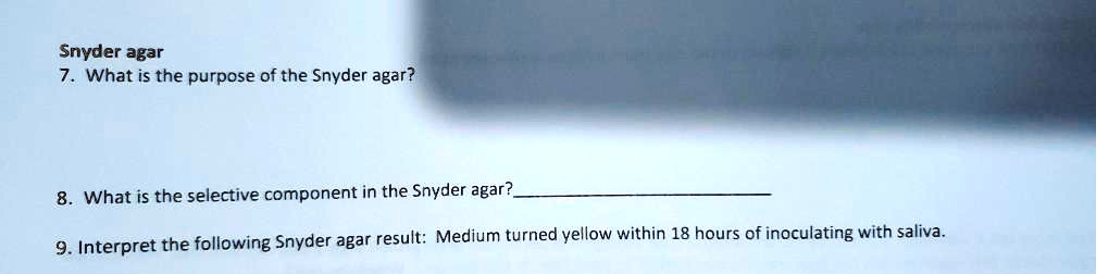 SOLVED: Snyder agar What is the purpose of the Snyder agar? What is the ...