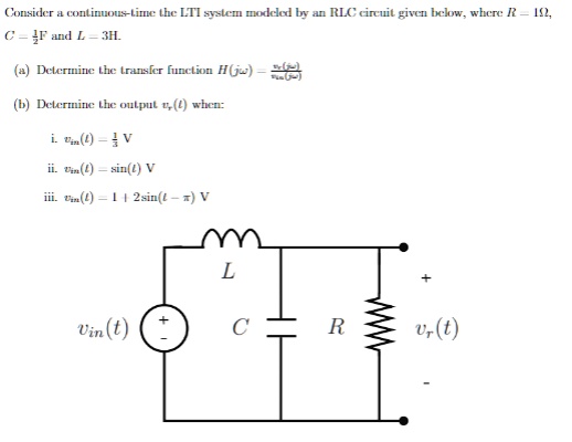 SOLVED: Consider a continuous-time LTI system modeled by an RLC circuit given below, where R ...