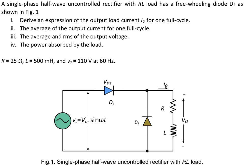 A single-phase half-wave uncontrolled rectifier with RL load has a free-wheeling diode D2 as ...