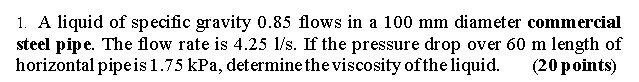 SOLVED: A liquid of specific gravity 0.85 flows in a 100 mm diameter ...