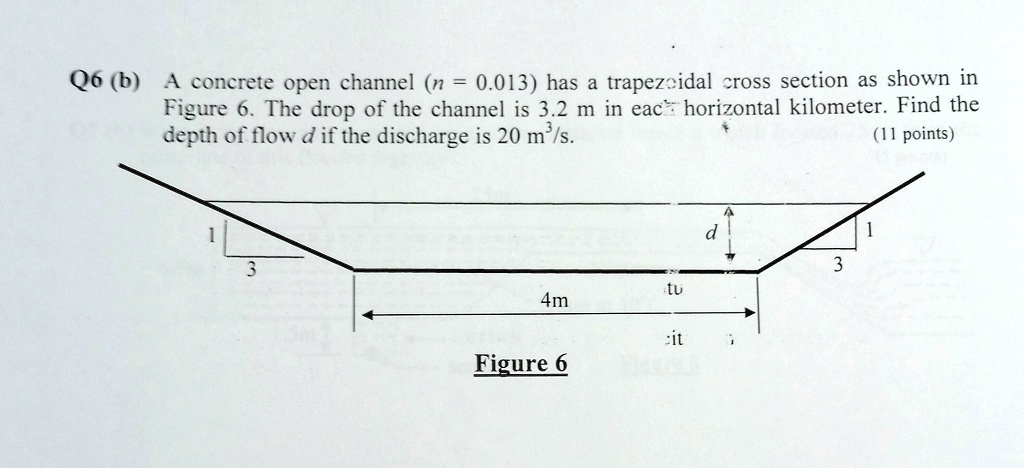 SOLVED: Q6 (b)A concrete open channel (n = 0.013) has a trapezoidal ...