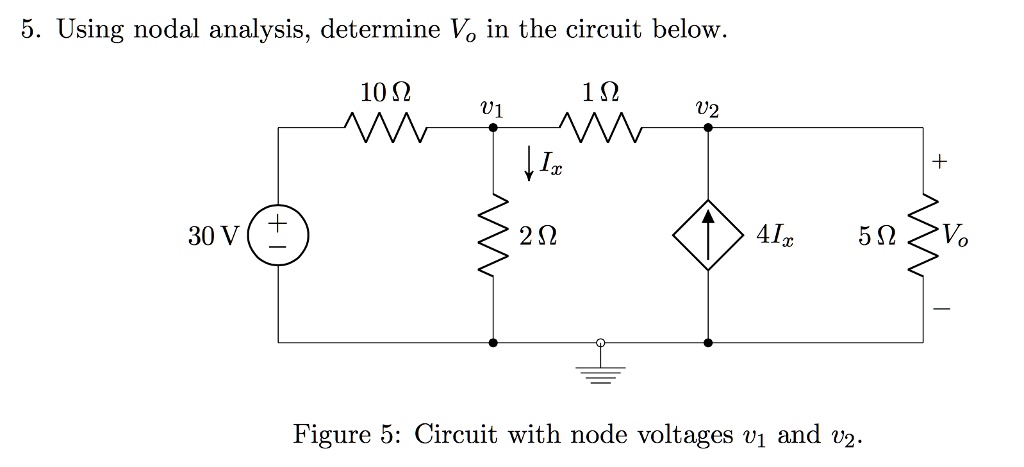 SOLVED: Using nodal analysis, determine V in the circuit below. 1002 10 01 U2 30V 2 S 4Ix 50 ...