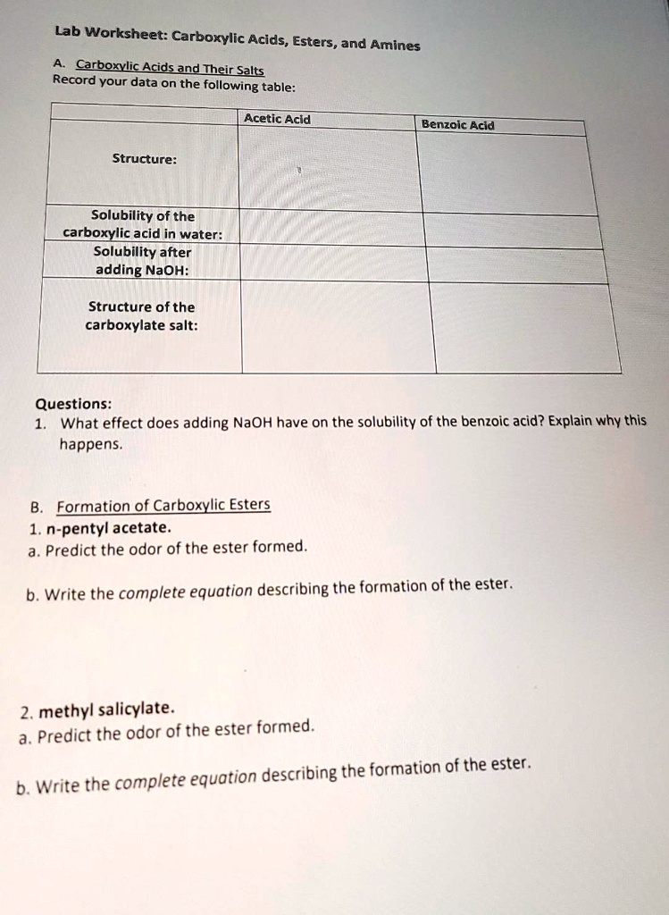 Lab Worksheet: Carboxylic Acids, Esters, and Amines A. Carboxylic Acids ...