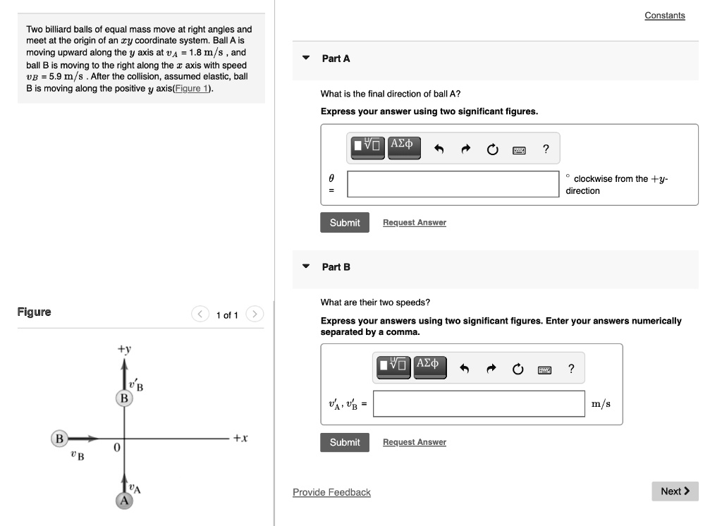 SOLVED: Two billiard balls of equal mass move at right angles and meet at the origin of an xy ...
