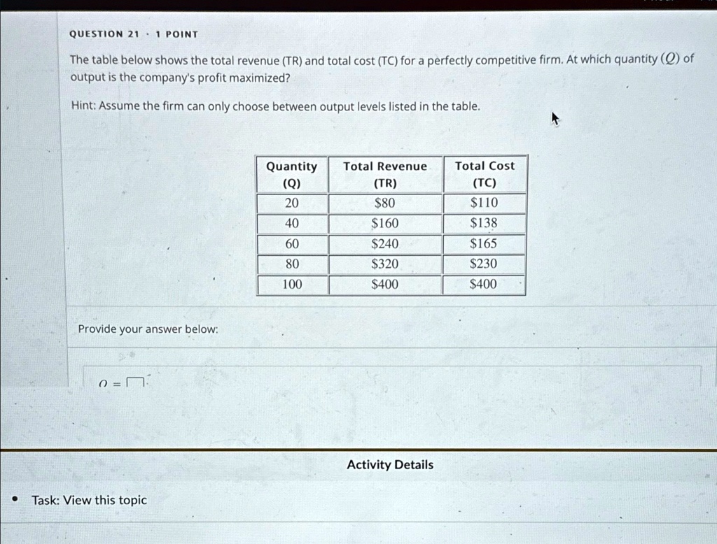 The table below shows the total revenue (TR) and total cost (TC) for a perfectly competitive ...