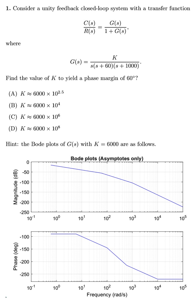 1. Consider a unity feedback closed-loop system with a transfer function (C(s))/(R(s)) = (G(s ...