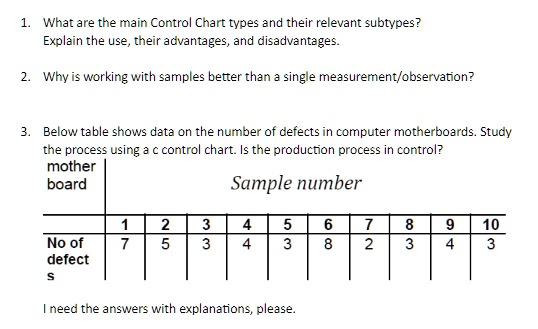 SOLVED: 1. What are the main Control Chart types and their relevant subtypes? Explain the use ...