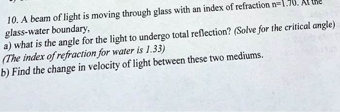 SOLVED: ;with an index of refraction n-].70 At tne 10. A beam of light ...