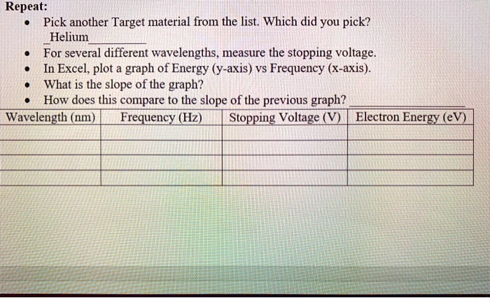 SOLVED: Repeat: Pick another Target material from the list. Which did ...