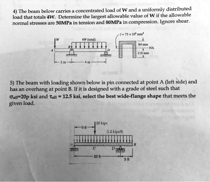 [GET ANSWER] 4) The beam below carries a concentrated load of W and a ...