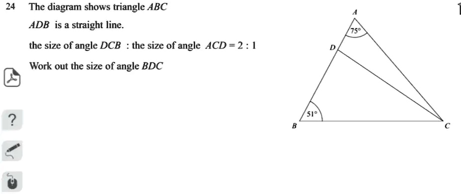 SOLVED: +r The diagram shows triangle ABC ADB is a straight line: the size of angle DCB the size ...
