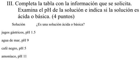 III. Completa la tabla con la información que se solicita. Examina el pH de la solución e indica ...