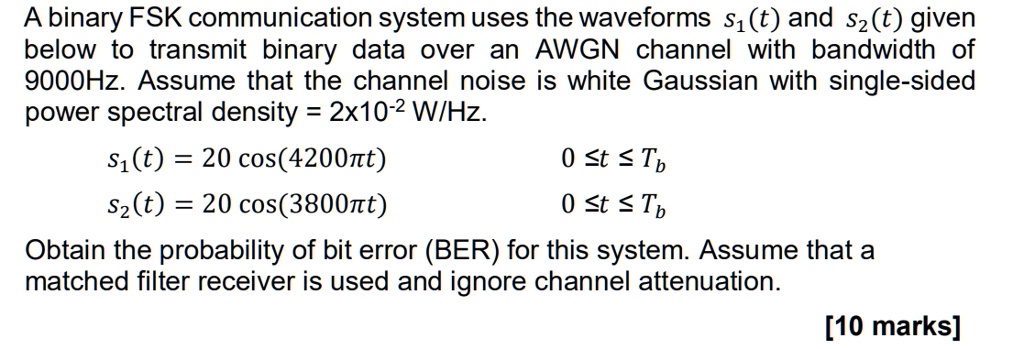 Solved A Binary Fsk Communication System Uses The Waveforms S1t And S2t Given Below To 