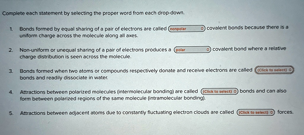 Complete each statement by selecting the proper word from each drop ...