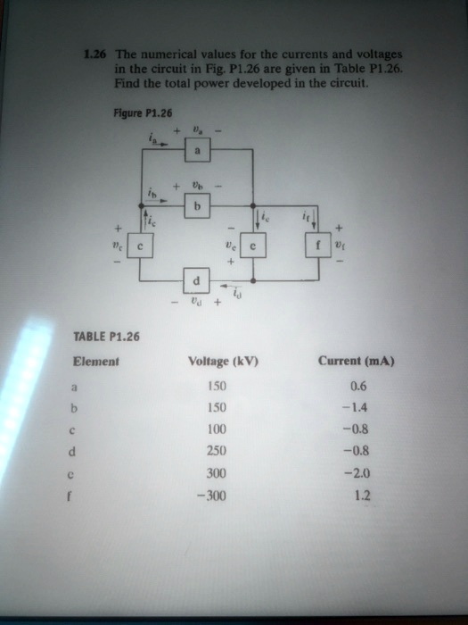 1.26 The numerical values for the currents and voltages in the circuit in Fig. P1.26 are given ...