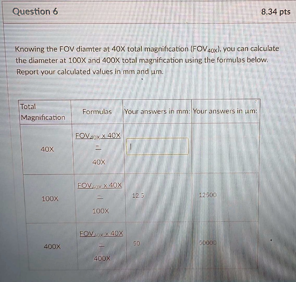 SOLVED: Question 6 8.34 pts Knowing the FOV diameter at 40x total ...