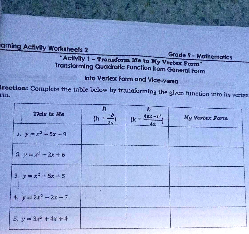 earning Activity Worksheets 2 Grade 9 - Mathematics "Activity 1 - Transform Me to My Vertex Form ...