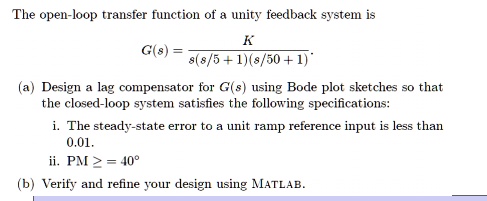 SOLVED: The open-loop transfer function of a unity feedback system is K (a) Design a lag ...