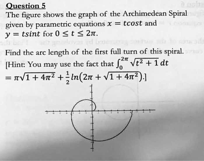 question 5 the figure shows the graph of the archimedean spiral given by parametric equations x ...