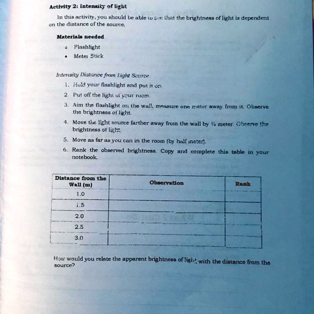 Activity 2: intensity of light In this activity, you should be able to ...