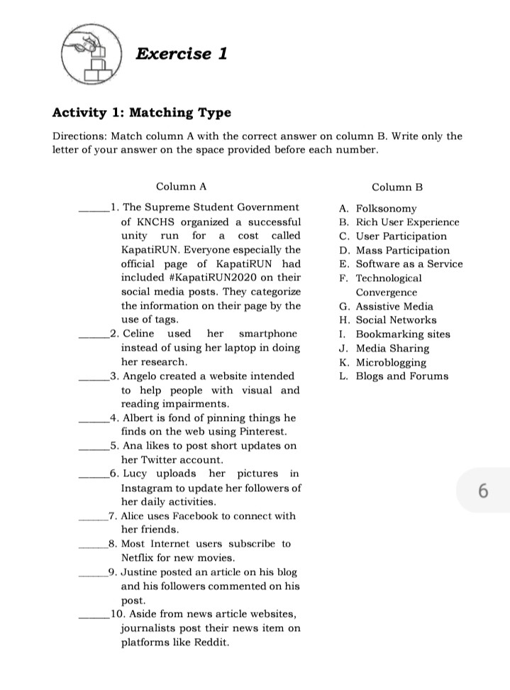 SOLVED: Exercise 1 Activity 1: Matching Type Directions: Match column A with the correct answer ...