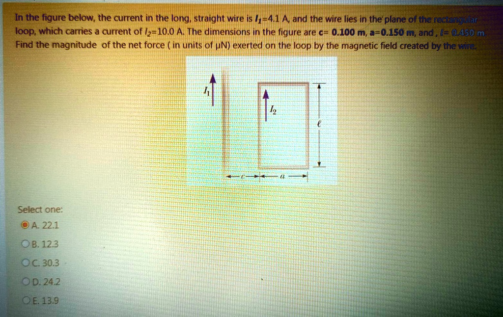 SOLVED: In the figure below, the current in the long, straight wire is I1 = 4.1 A, and the wire ...