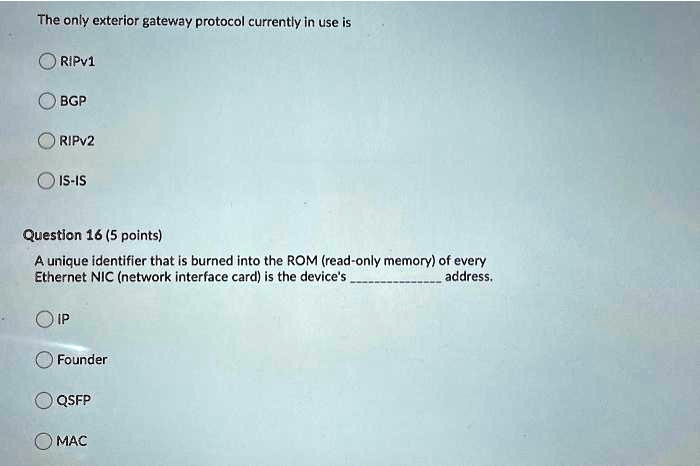 SOLVED: The only exterior gateway protocol currently in use is RIPv1 ...