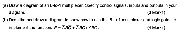Draw a diagram of an 8-to-1 multiplexer. Specify control signals ...
