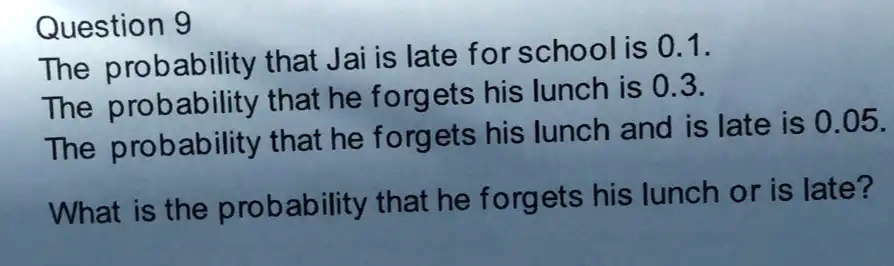 SOLVED: The probability that Jai is late for school is 0.1. The ...