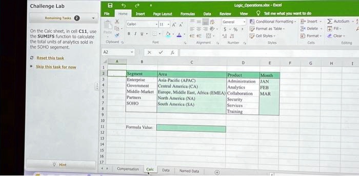 Challenge Lab Remaining Tasks On the Calc sheet, in cell C11, use the SUMIFS function to ...