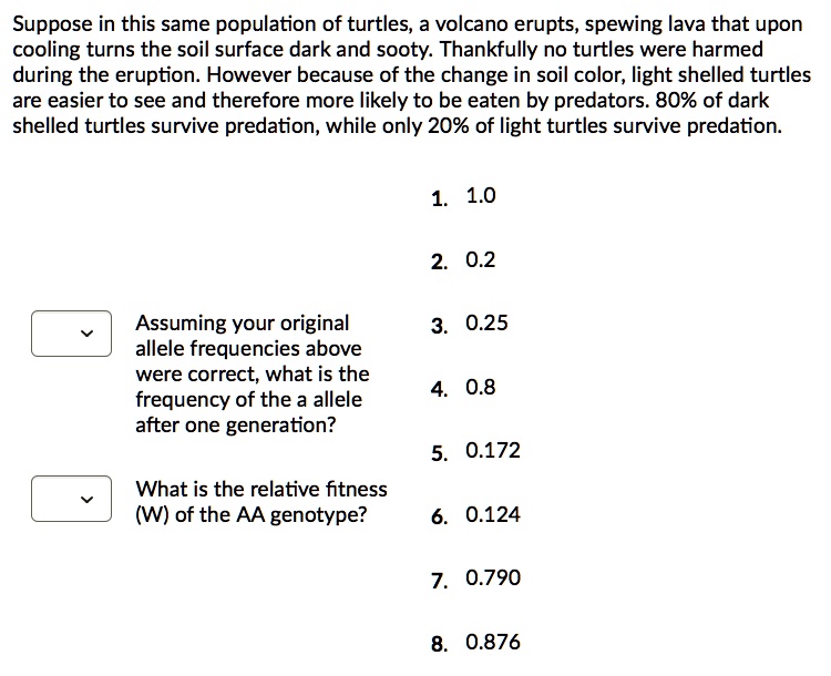 SOLVED: Suppose in this same population of turtles, volcano erupts ...